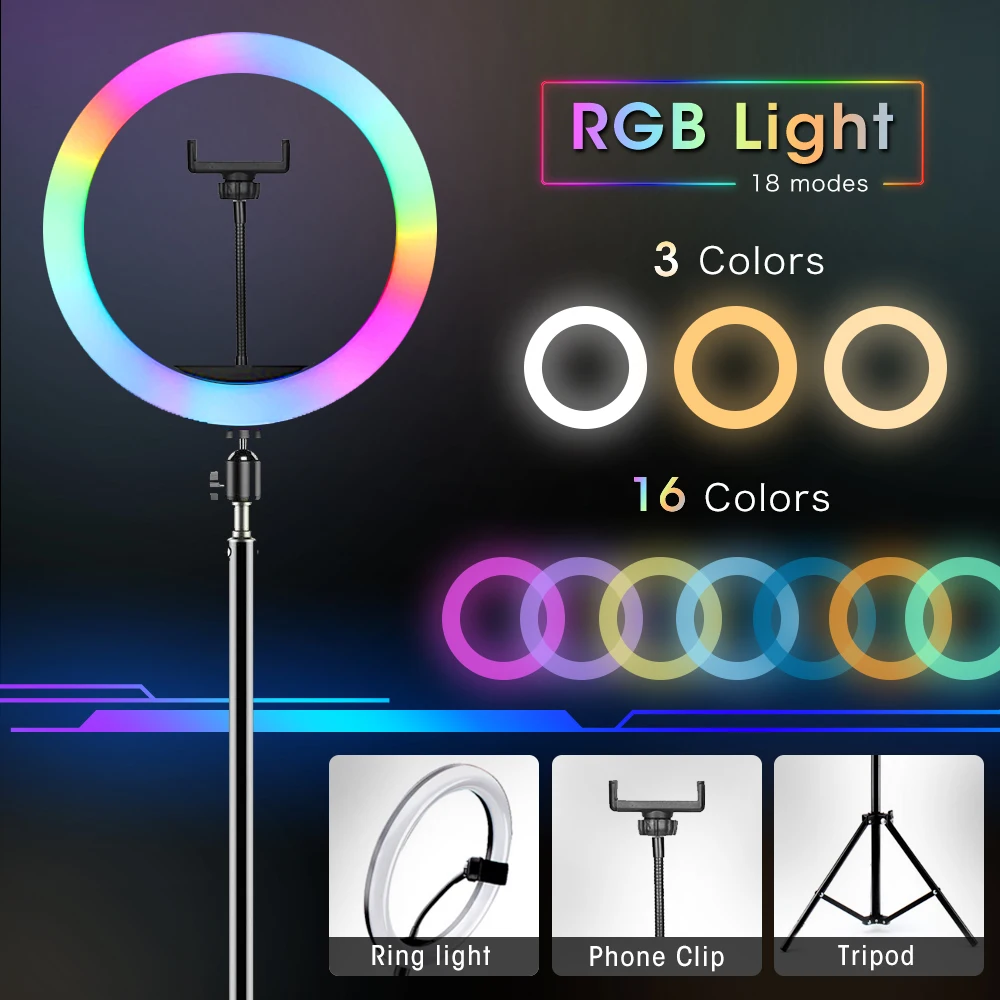 Anillo de luz RGB con trípode, iluminación de fotografía colorida con ...