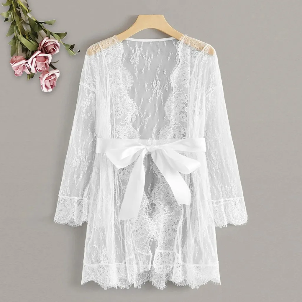 Bata transparente de encaje Floral para mujer, lencería de manga larga ...