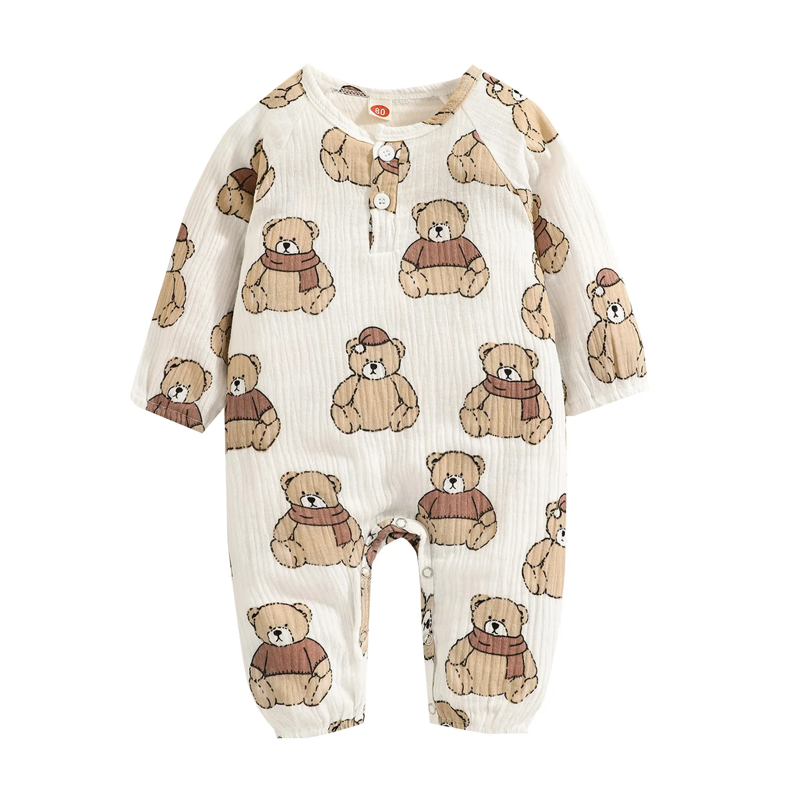 Newborn Bear Print Jumpsuit, Toddler Autumn Casual Long Sleeve Round ...