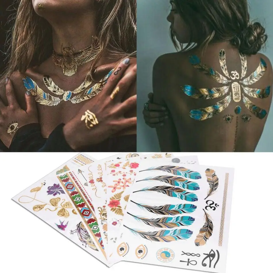 5pcs Mixed Metallic Flash Tattoos Sticker Golden Silver Colorful ...