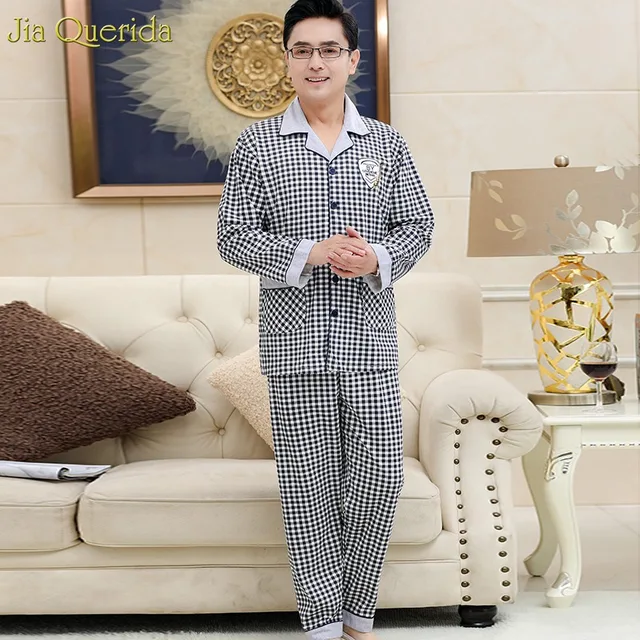 Pyjama Men Chinese Pajamas Button Cardigan Long Sleeve Nightwear Plaid ...