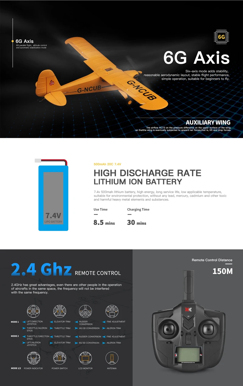 XK A160-J3 Skylark 3D/6G System Airplane G-NCUB EPP 650mm Wingspan Brushless RC Plane RTF – Pace ...