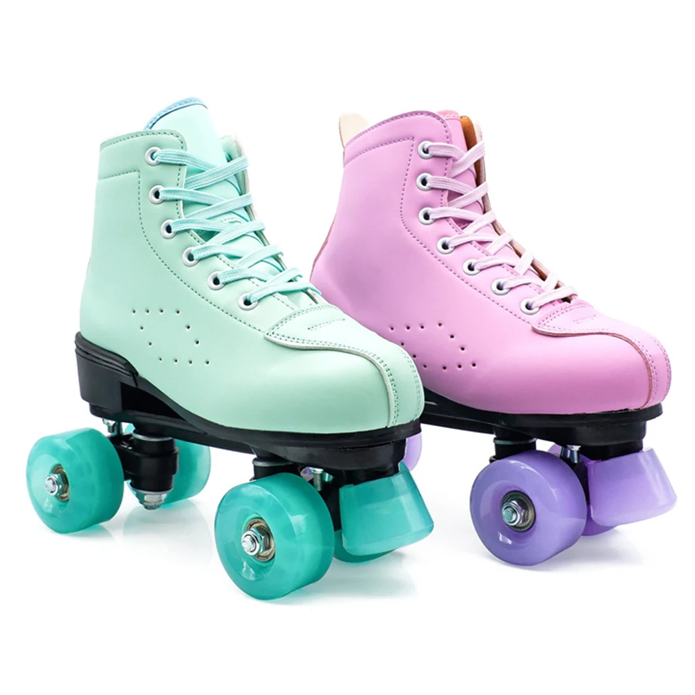 Japy-Artificial-Leather-Quad-Roller-Skates-Green-Pink-Double-Line ...