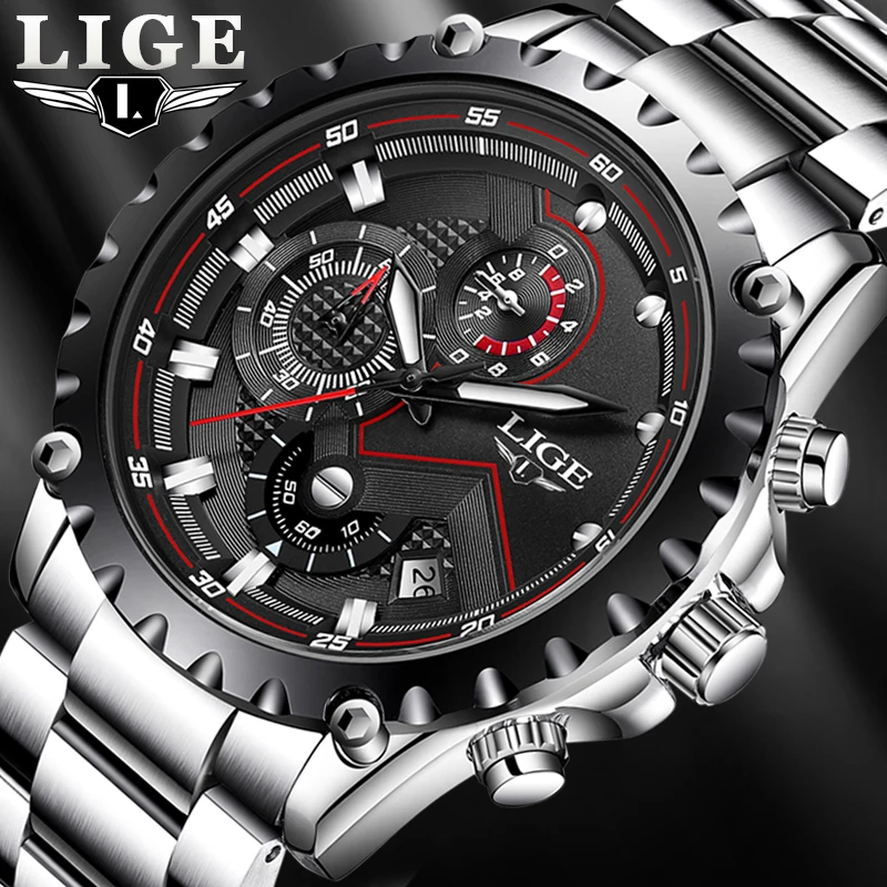 LIGE Fashion Mens Watches Top Luxury Brand Silver Stainless Steel 30m ...