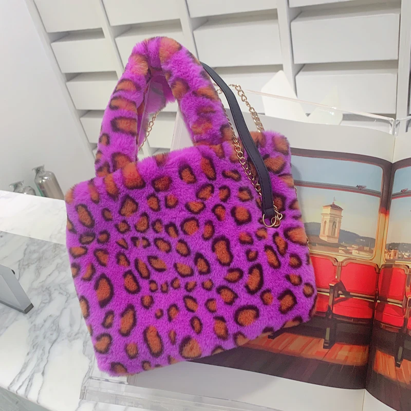 Зимняя модная фиолетовая леопардовая сумка в уличном стиле с цепочкой ...