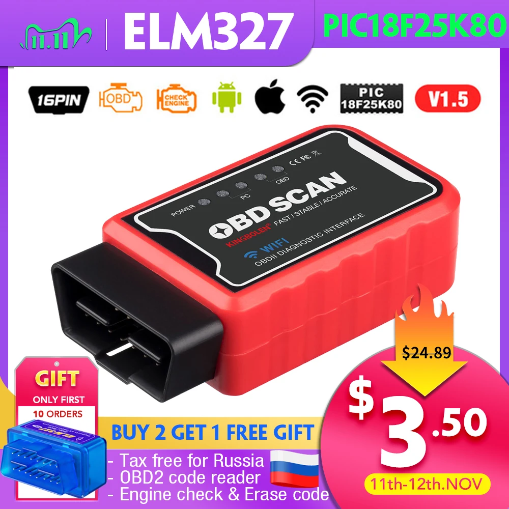 Elm327 V1.5 Obd2 Scanner Tools V2.1 Pic18f25k80 Chip Code Reader 327 Obdii Diagnostic Auto Tool ...