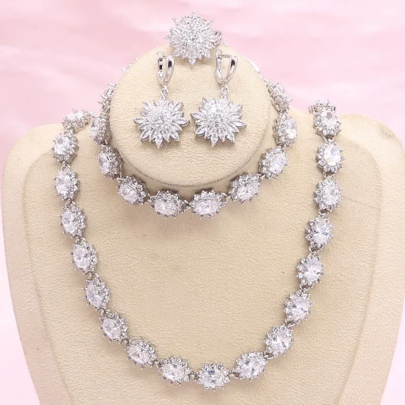 White Cubic Zirconia Silver Color Jewelry Sets For Women Wedding ...
