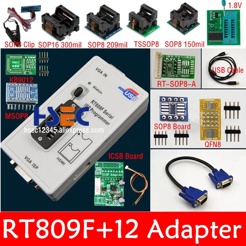 RT809F programmer original +12 Adapters+sop8 IC clip+1.8V / SOP8 Adapter serial isp programmer ...