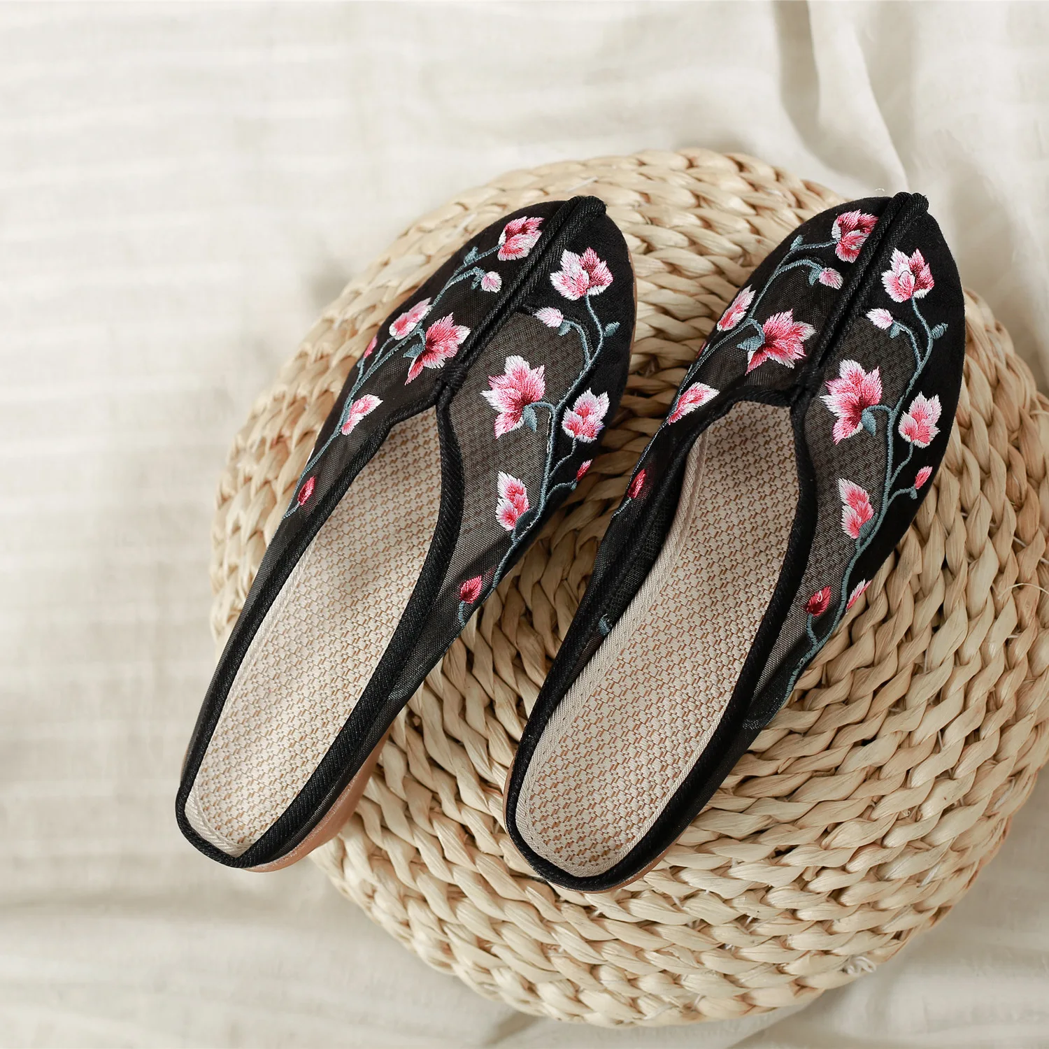 Women Chinese Mesh Floral Embroidery Slippers Slides Slip On Flats Flip ...