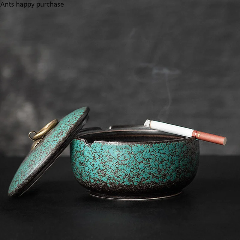 Green Ceramic Ashtray With Cover Anti-fly Ashtray With Smoke Trough ...
