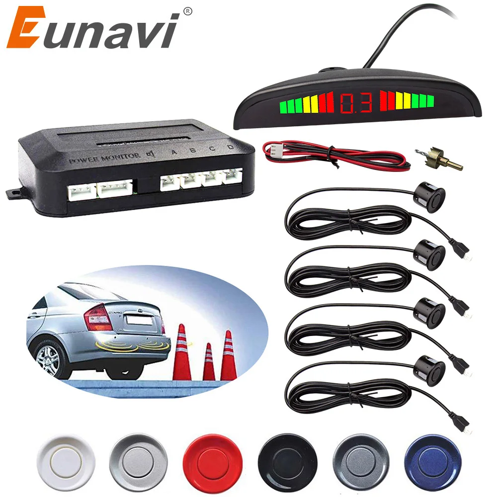 Eunavi Car LED Parking Sensor Kit 4 Sensors Backlight Display Reverse ...