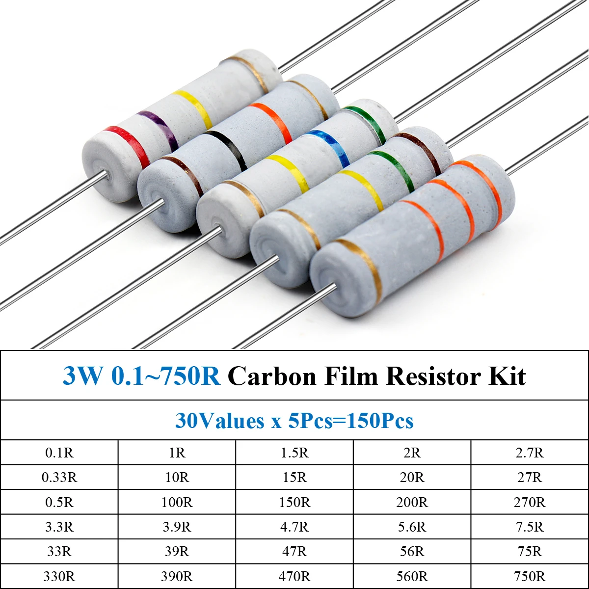 150Pcs-3W-0-1-750R-Carbon-Film-Resistor-Assorted-Kit-30Values-x-5Pcs ...