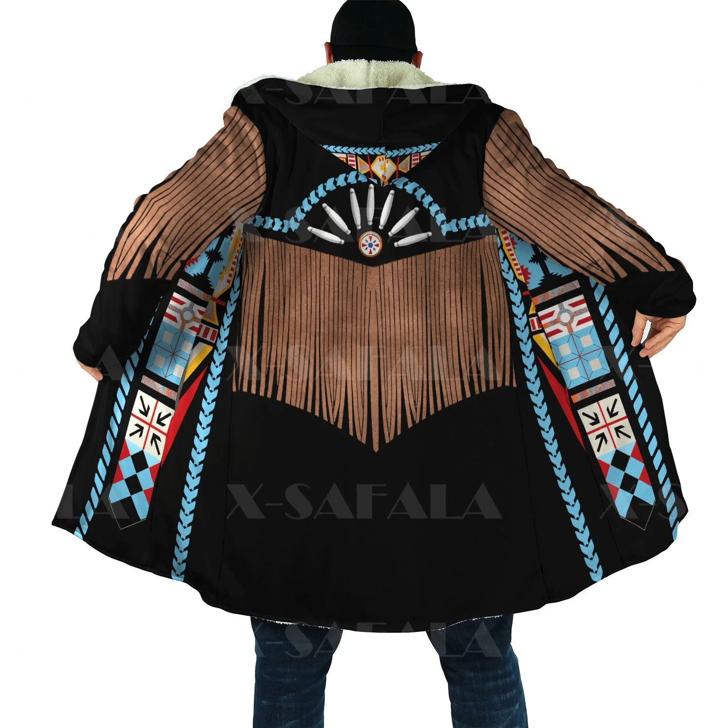 Thick Warm Hooded Cloak For Men Owl Native Feather Totem Overcoat Coat ...