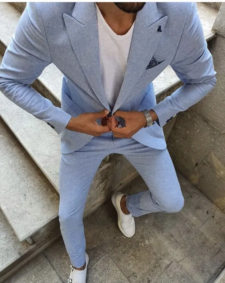 Casual Light Blue Slim Fit Mens Prom Suits 2 Pcs Costume Homme Peaked ...