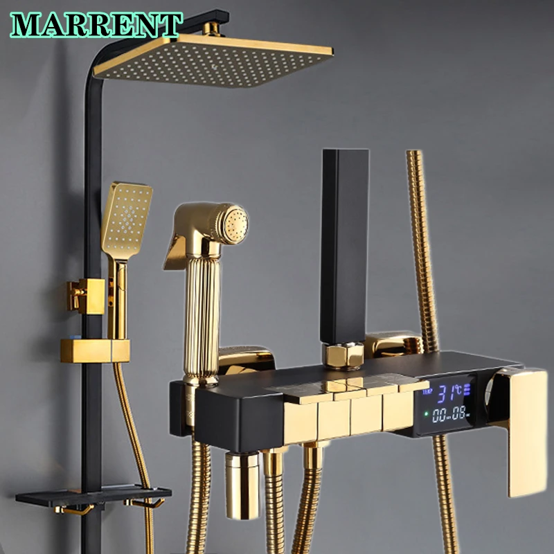 Black-Gold-Piano-Bathroom-Shower-System-Faucets-of-12-Inch-Rainfall ...