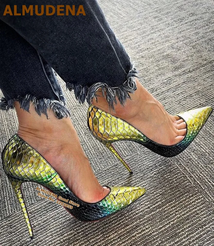 ALMUDENA Yellow Green Gradient Color Snakeskin High Heels Sexy 12cm ...