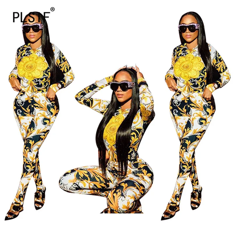 European Style Vintage Print Bodycon Jumpsuit O Neck Full Sleeve Sexy ...