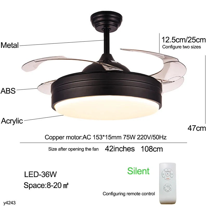 Modern black ceiling fan lamp led for dining room plafond ventilator ...