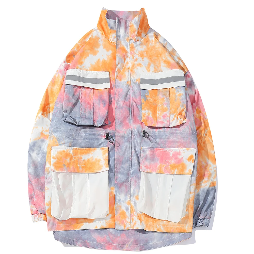 Lacible Men Tie Dye Gradient Patchwork Pockets Cargo Jackets Coats ...
