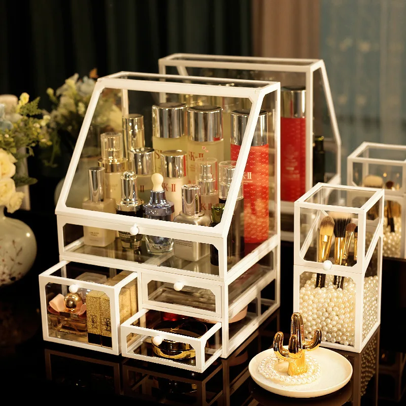 Glass Cosmetic Organizer Jewelry Storage Box Dust proof Plastic ...