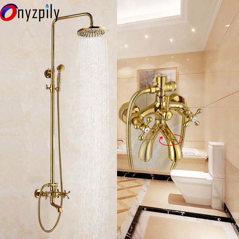 Golden-Bath-Shower-Mixers-8-Rainfall-Shower-Faucet-Set-Wall-Mounted-with-Hand-Shower-Bathroom ...