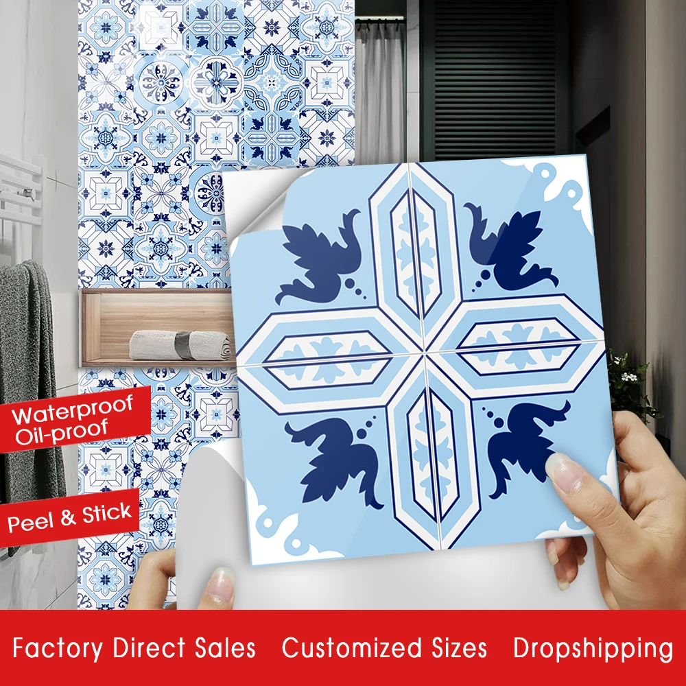 10pcs/set Light Blue Floral Ornament Arabesque Wall Sticker Kitchen ...