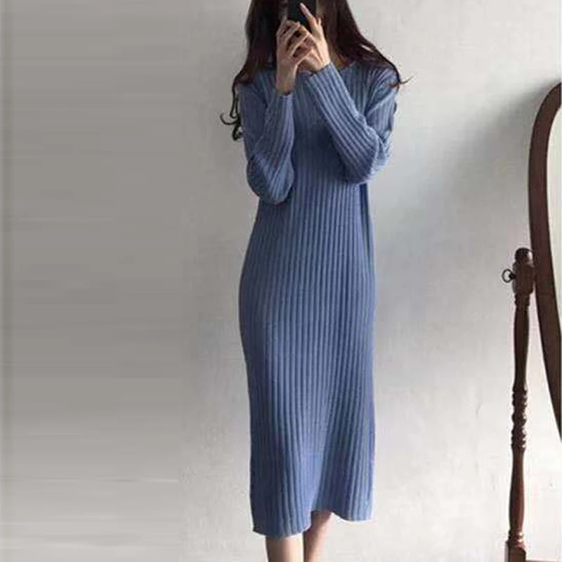 Женское вязаное длинное платье элегантное женское однотонное платье свитер с круглым вырезом