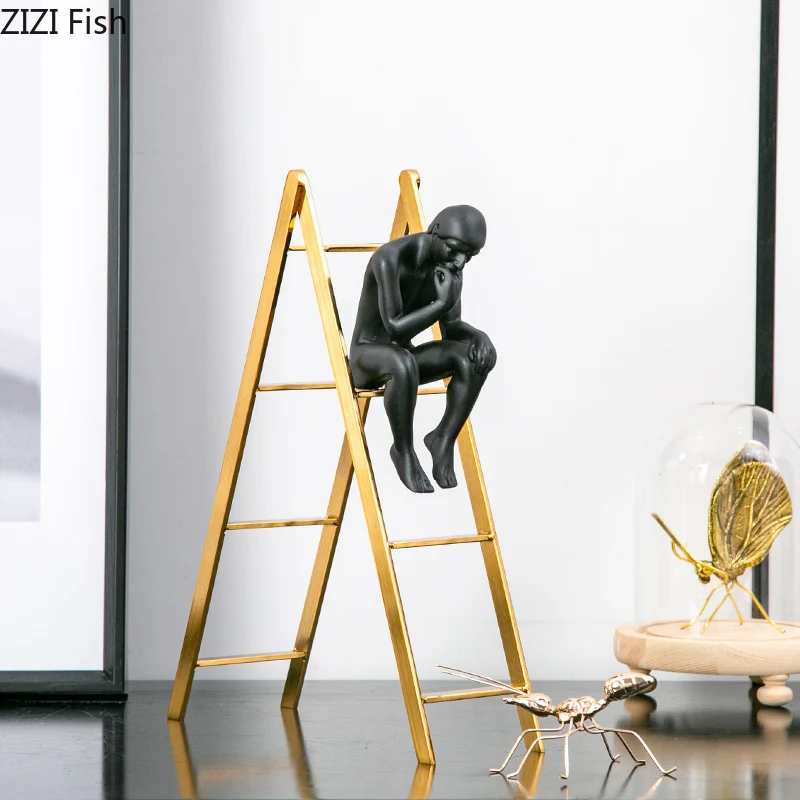 Creative-Golden-Ladder-Crafts-Resin-Black-Thinker-Sculpture-Art ...