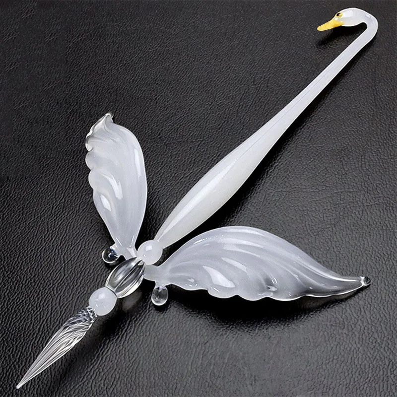 Creative Swan Handmade Glass Dip Pen Set Angel Wings Penholder ...