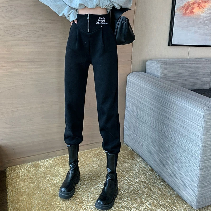 홍콩 스타일 발목 줄무늬 바지 여성의 가을과 겨울 새로운 느슨한 높은 허리 지퍼 짙어지면서 한국어 캐주얼 스포츠팬티 And 카프