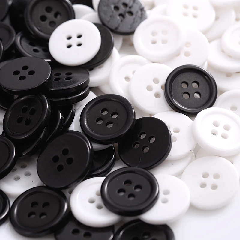 24L(15mm) 50Pcs Black/White Resin Buttons Round 4 Holes Solid Color ...