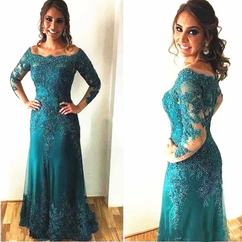 Vestido de noche de encaje turquesa de manga larga por debajo del ...