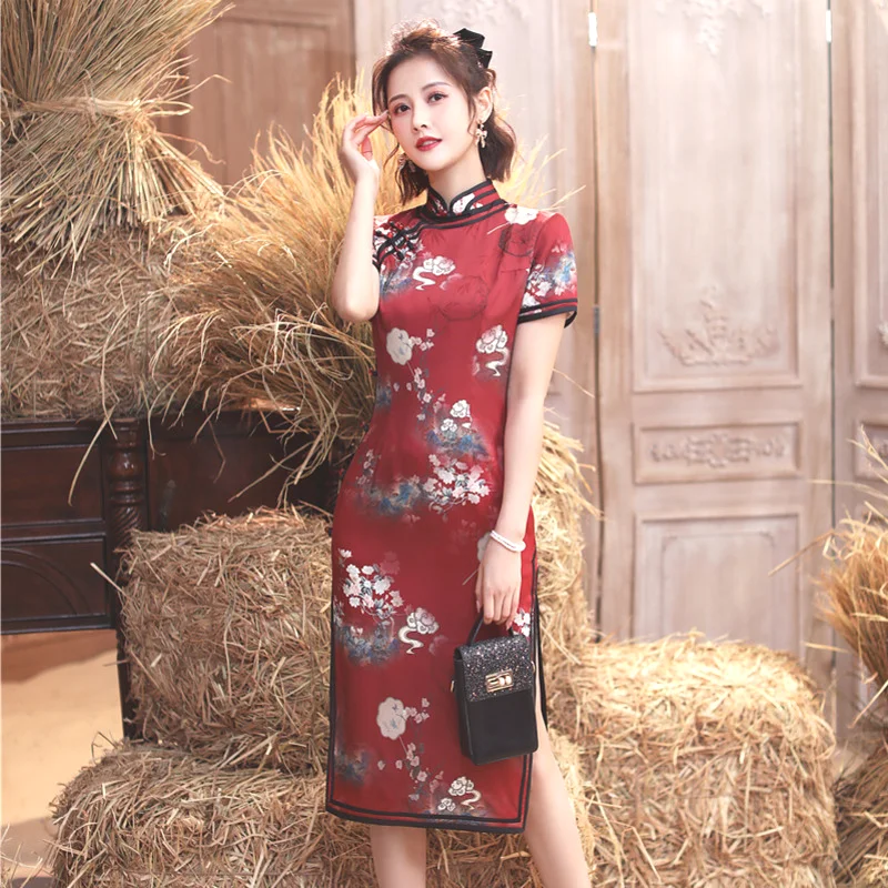 New Cheongsam Women Wine Red Robe Orientale Dresses Chinese Wedding ...