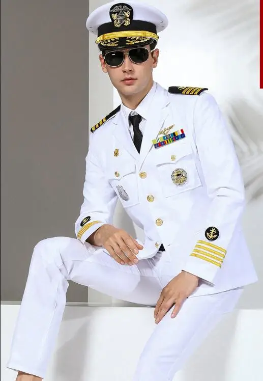 Autumen Navy Uniform Captain Yacht Uniform Military Suit Men White US Army Officer Include Badge