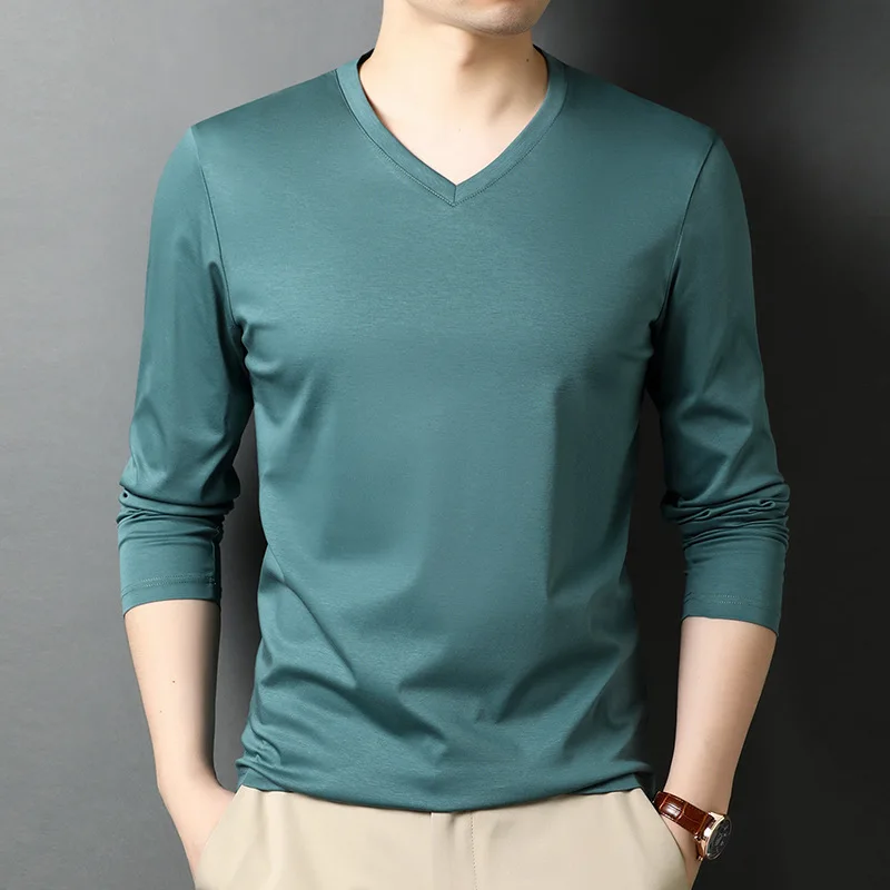 100-Mercerized-Cotton-T-Shirt-For-Men-Long-Sleeve-V-Neck-For-Winter ...