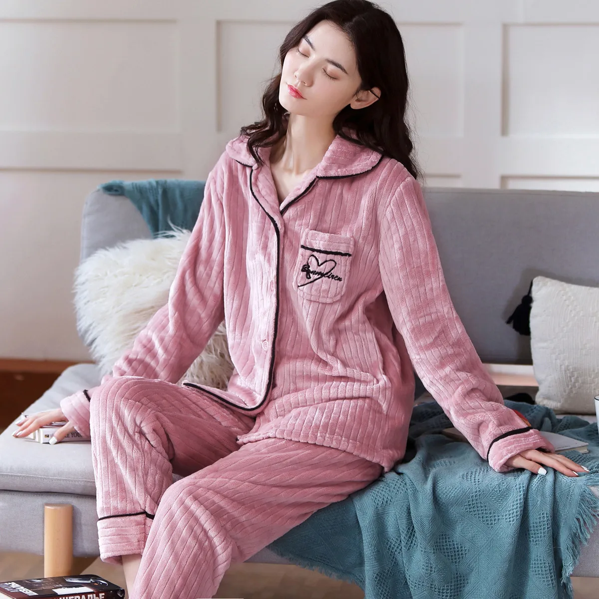 Ensemble pyjama chaud et doux pour s roses rouges à la modes manches ...