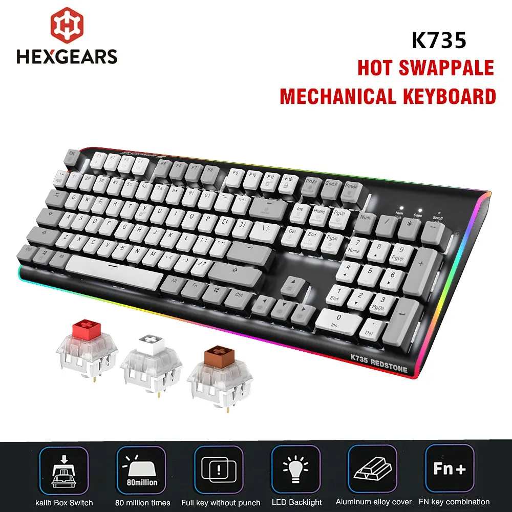 HEXGEARS K735 핫 스왑 스위치 기계식 키보드 104 키 방수 게임용 키보드, 카일 박스 스위치 PBT 키 캡 RGB 사이드 DIY|키보드| - AliExpress