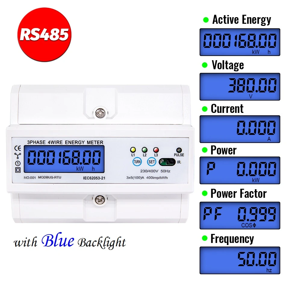 Rs485 Din Rail Electric Three Phase Energy Meter Power Consumption Kwh Voltage Current Wattmeter ...