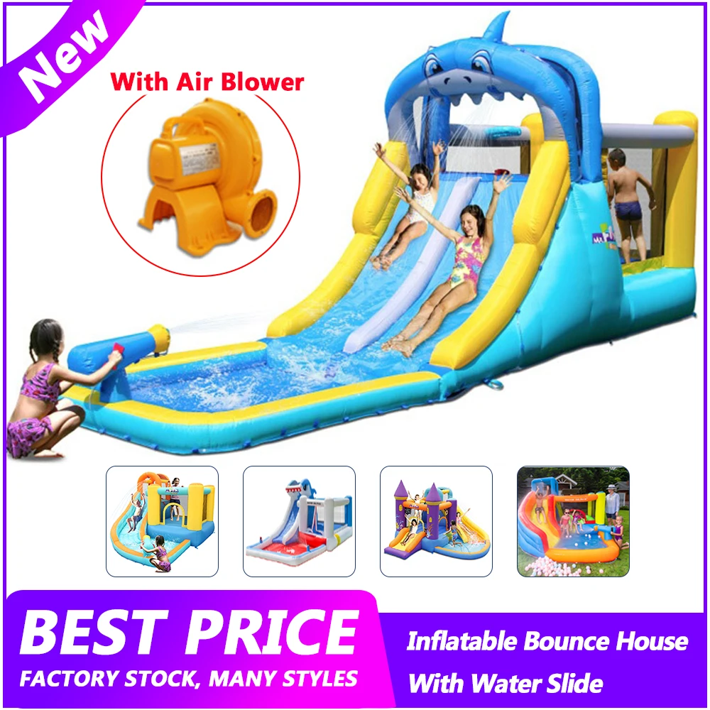 Kids-Inflatable-Bounce-House-Water-Slide-With-Blower-Cartoon-Shark ...