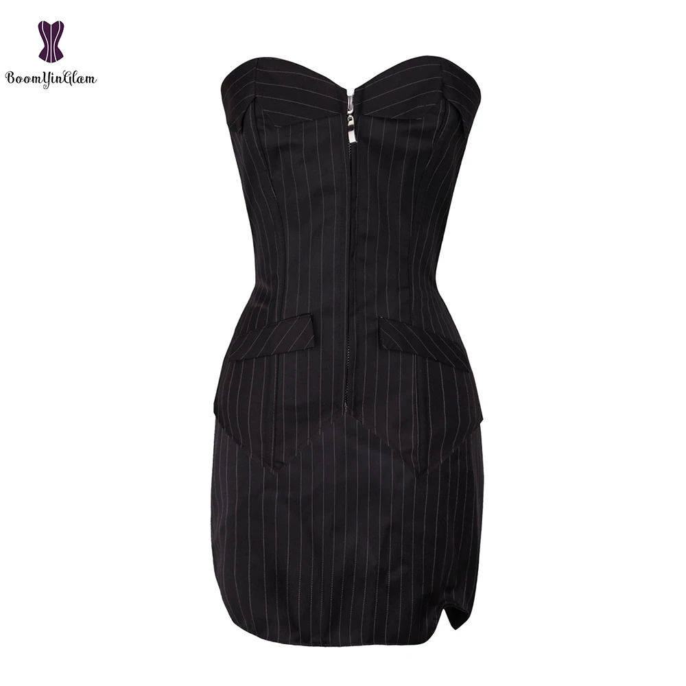 3-Pcs-Set-Front-Zipper-Sexy-Pinstripe-Corset-Basque-Top-With-Mini-Skirt ...