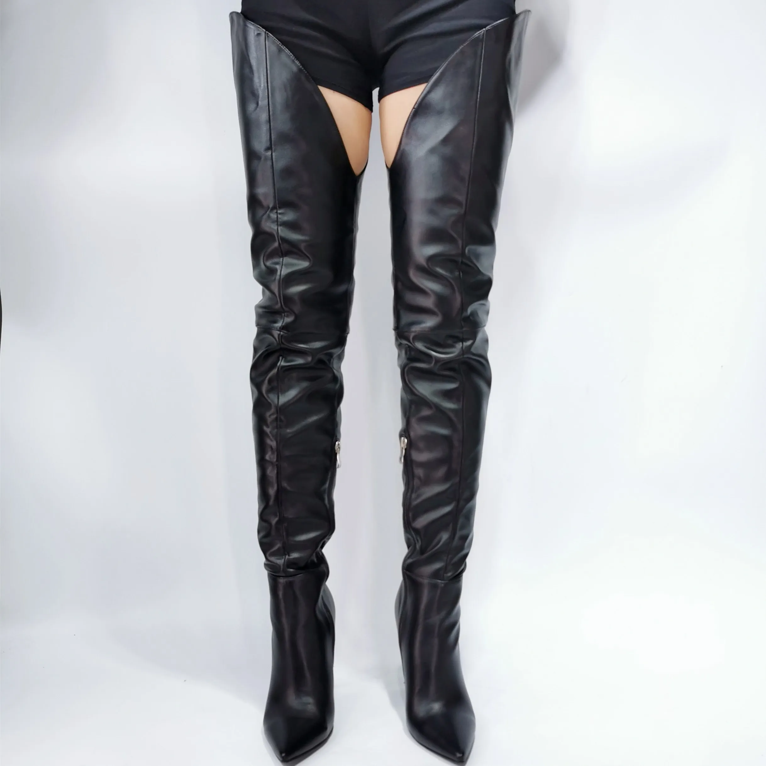 New Models Shoes Ladies V Cut Super Long Boots Black Pointed Toe Half ...