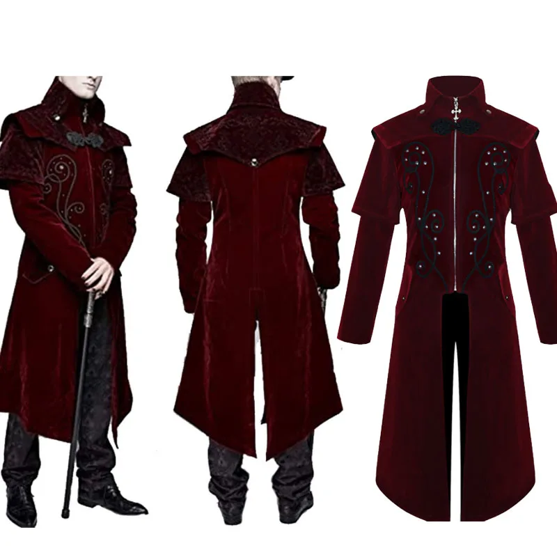 Men's Medieval Steampunk Castle Vampire Devil Red Coat Cosplay Costume ...