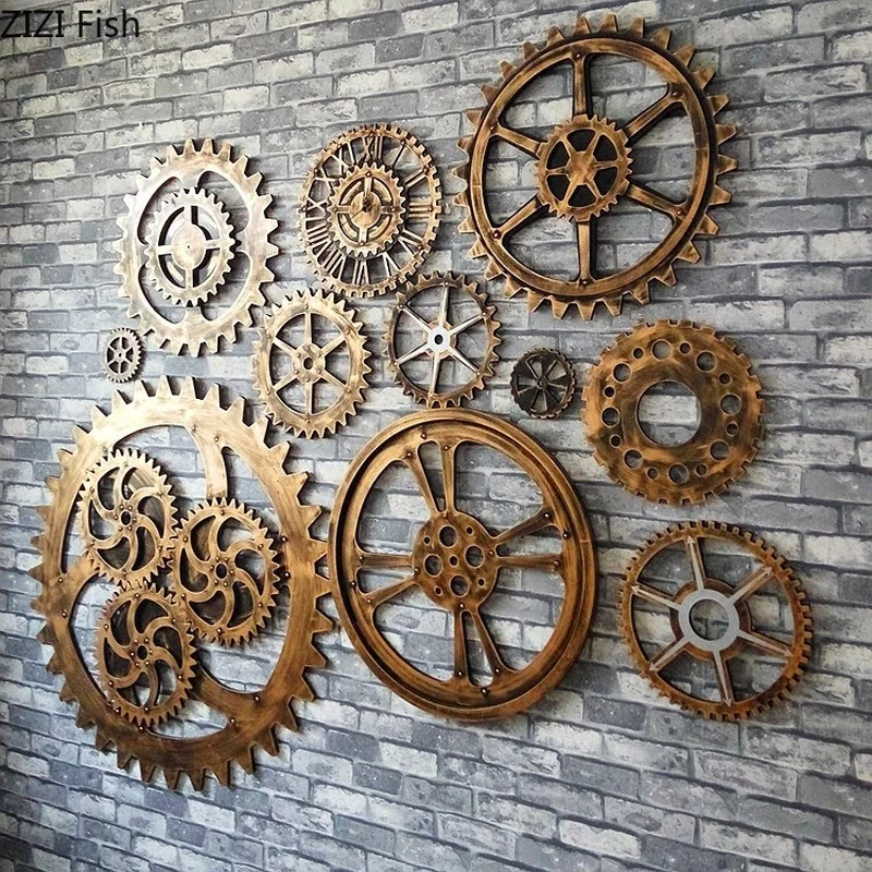 Vintage Imitation Metal Wooden Golden Gear Wall Decoration Bar ...