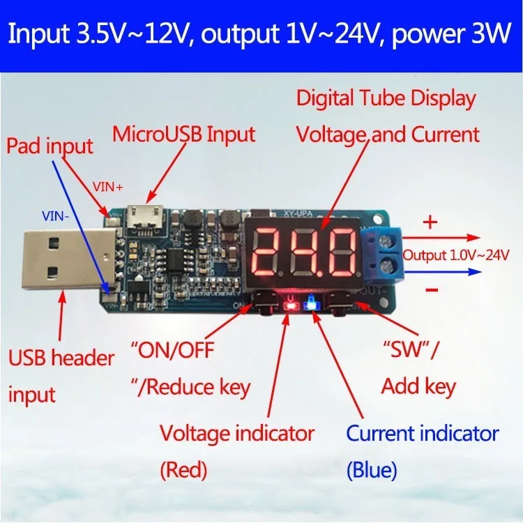 Digital Control USB Voltage Regulating Module 5V to 3.3V 9V 12V 24V ...