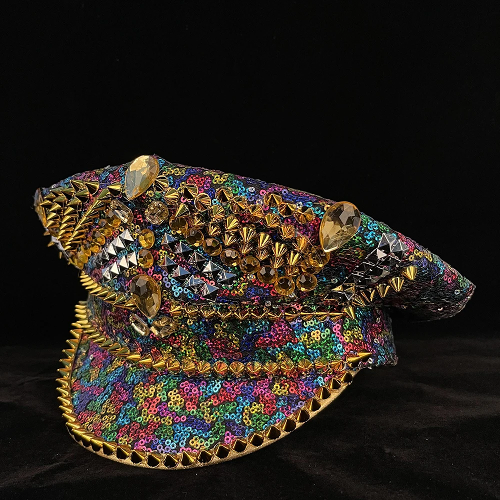 Luxury Women Military Hat Handmade Punk Rivet Sequin Burning Captain ...