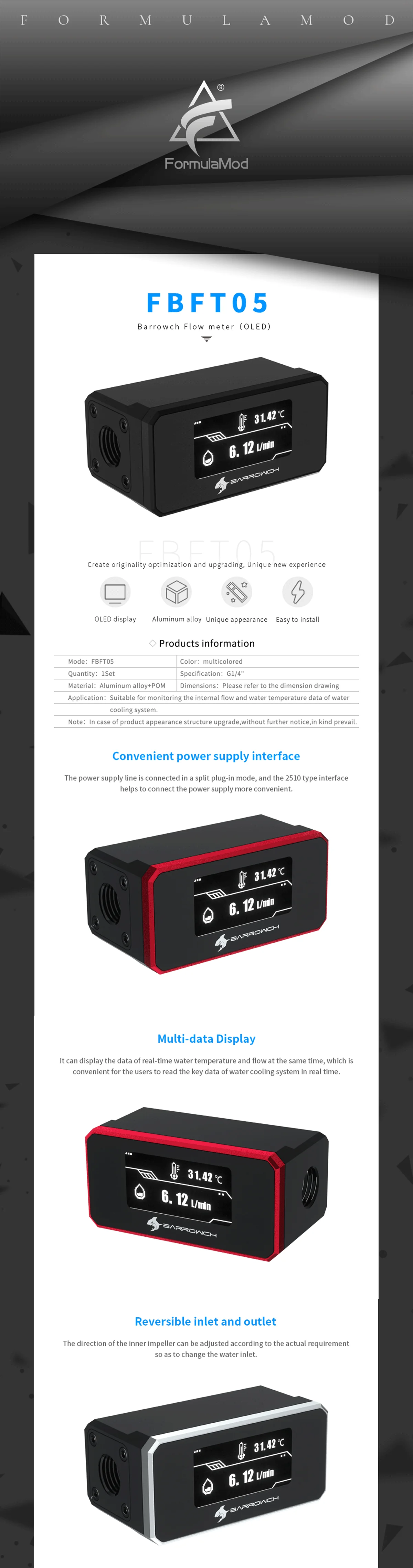 Barrowch FBFT05 OLED Digital Water Flowmeter Temperature Monitoring, 2 ...