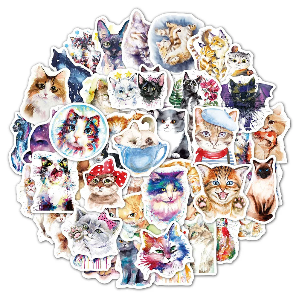 50PCS-Mix-Styles-Cute-Cat-Watercolor-Animal-Stickers-Aesthetic-Laptop ...