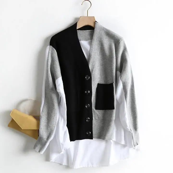 Mujer Rebeca elegante suéter negro Patchwork manga larga botones ...