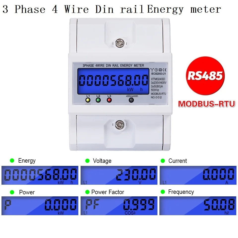 Energy Meter RS485 Multifunctional 3 Phase 4 Wire Electronic Wattmeter ...
