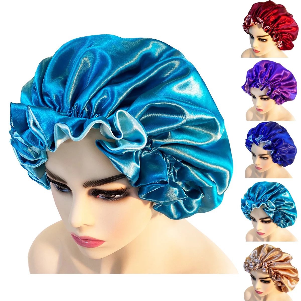 Women Night Sleep Hair Caps Silky Bonnet Satin Single Double Layer ...